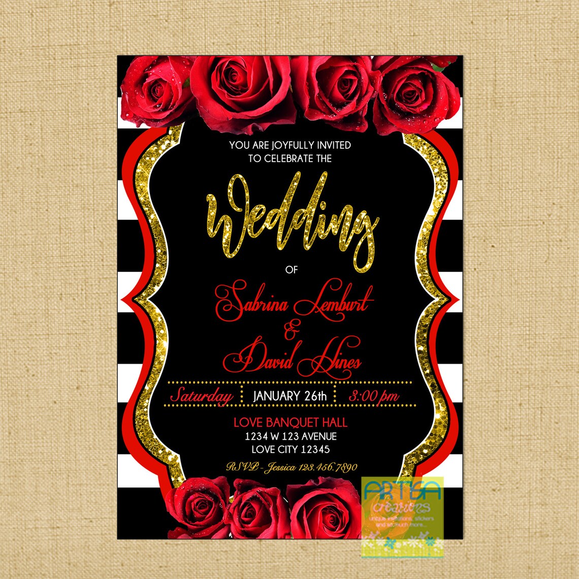 Red Roses Wedding Invitation, Red Roses Black Gold Wedding Invitation ...