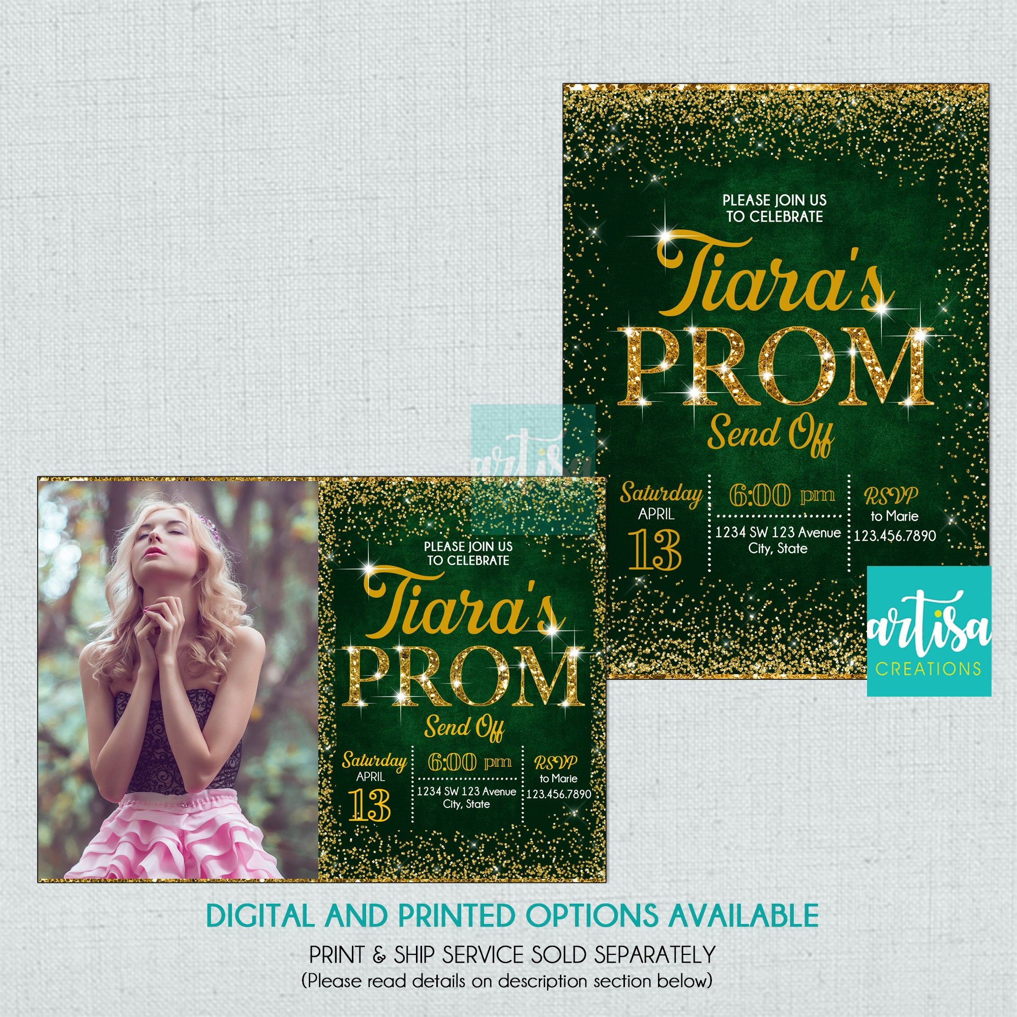 Prom Send off Invitation, Green Prom Send off Invitation, Green Gold ...