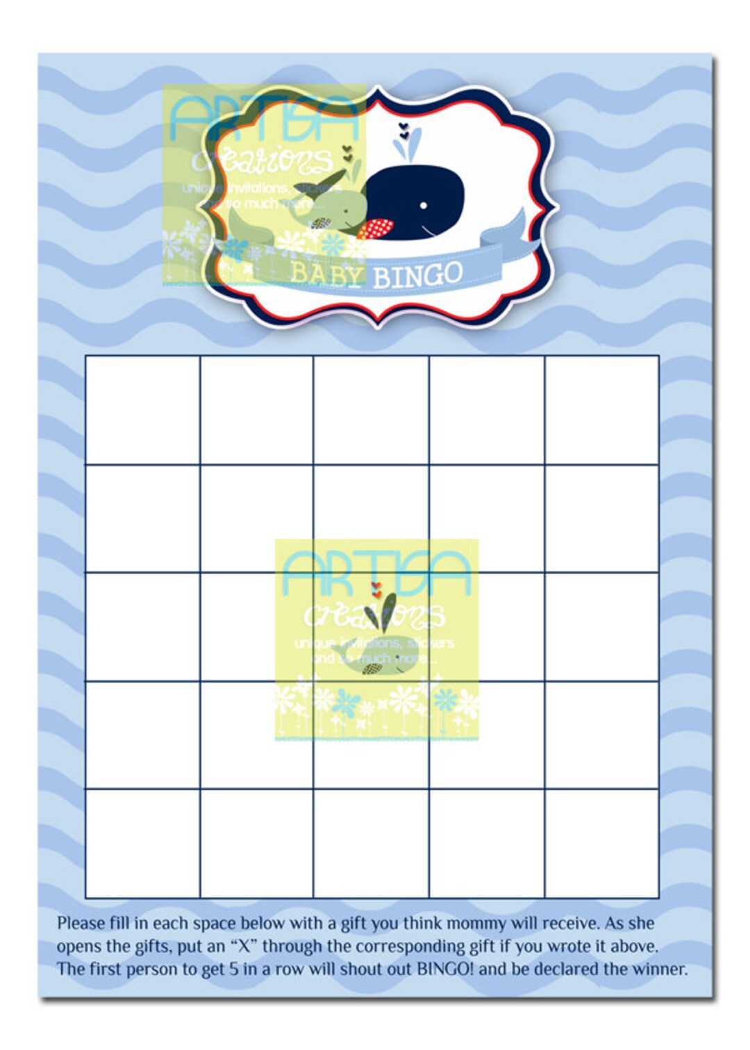 Blue Whale Baby Shower Bingo, Whale Mom and Baby Shower Bingo, Whale ...