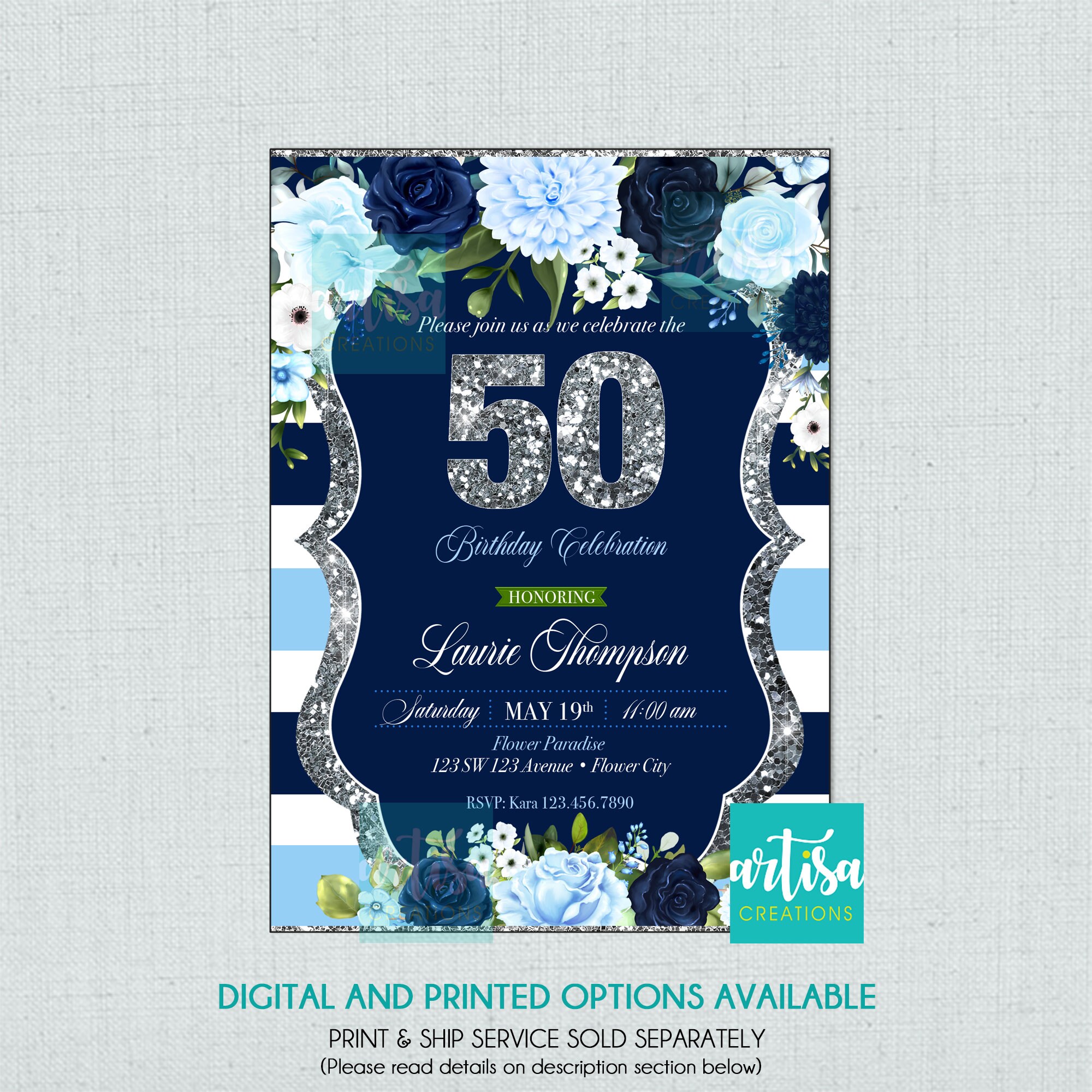 Blue Birthday Invite ANY AGE, 30th, 40th, 50th, 60th, 70th, 80th, 90 ...