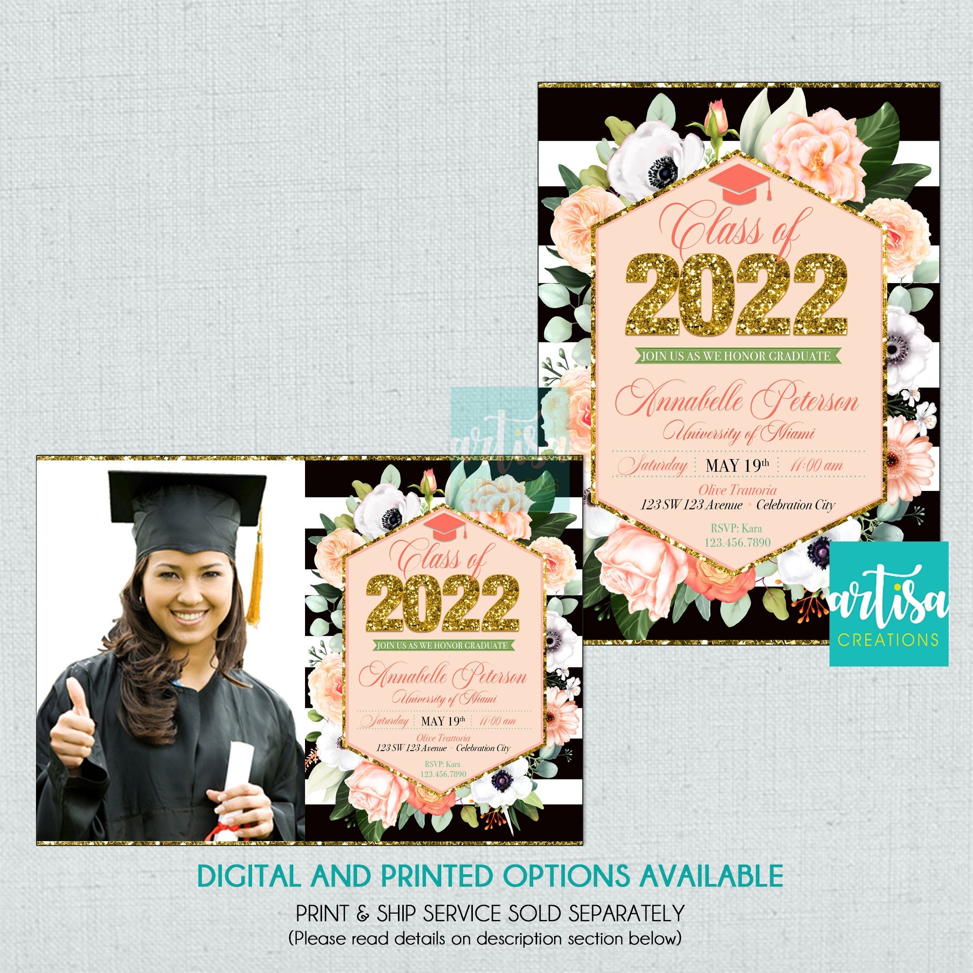 Peach Flowers Graduation Invitation, Peach Graduation Invitation, Peach ...