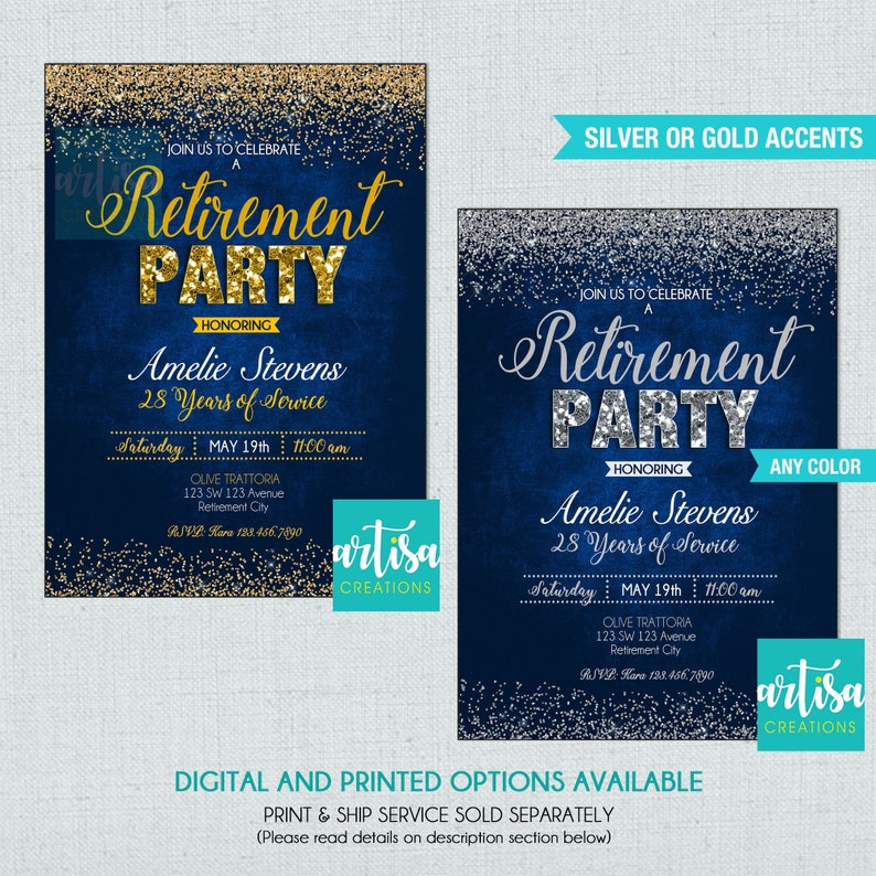 Navy Blue Retirement Invitations Blue Gold Retirement - Etsy