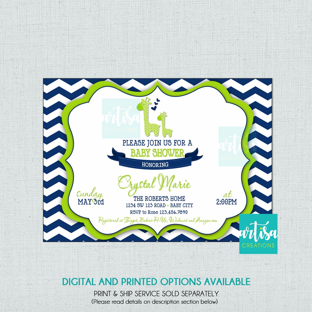 Navy Blue and Lime Green Chevron Giraffe Baby Shower Invite, Chevron ...