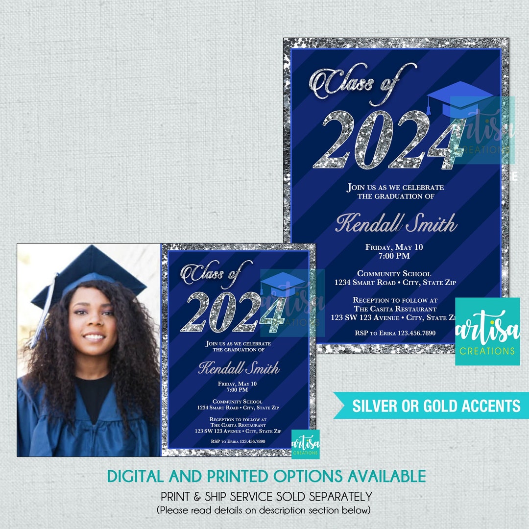 Navy and Silver Graduation Invitation, Navy Blue Graduation Invitation ...