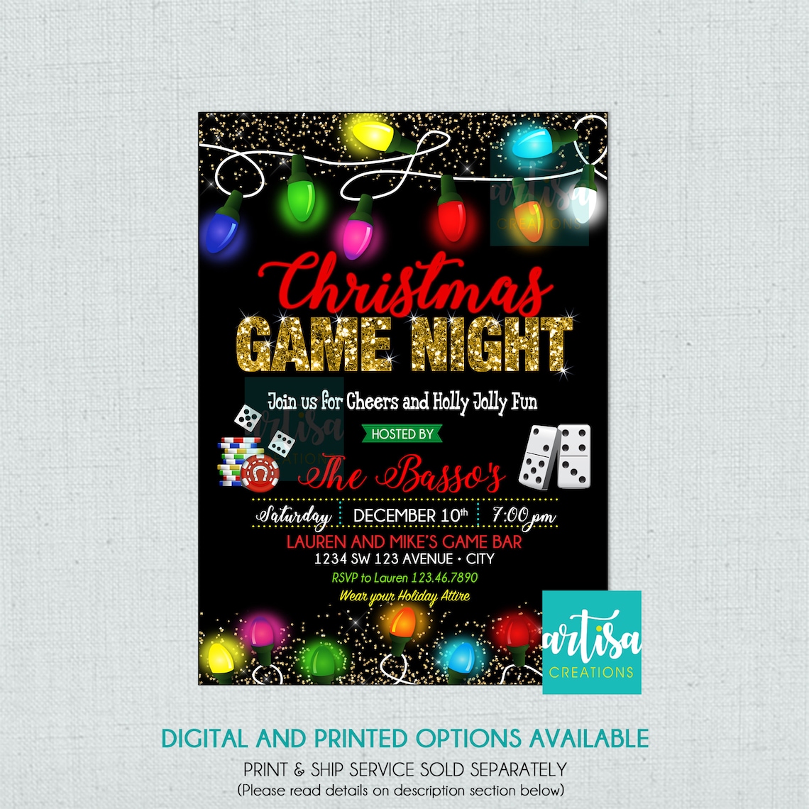 Christmas Game Night Party, Game Night Holiday Party Invitation, Board ...