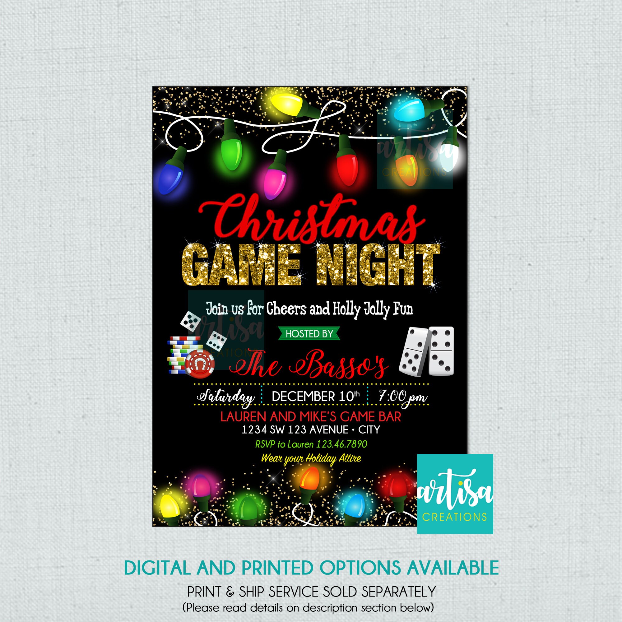 Christmas Game Night Party, Game Night Holiday Party Invitation, Board ...
