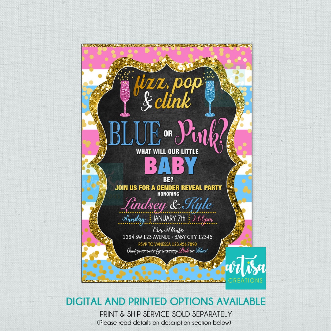 Fizz Pop Clink Gender Reveal Invitation, Champagne Gender Reveal ...