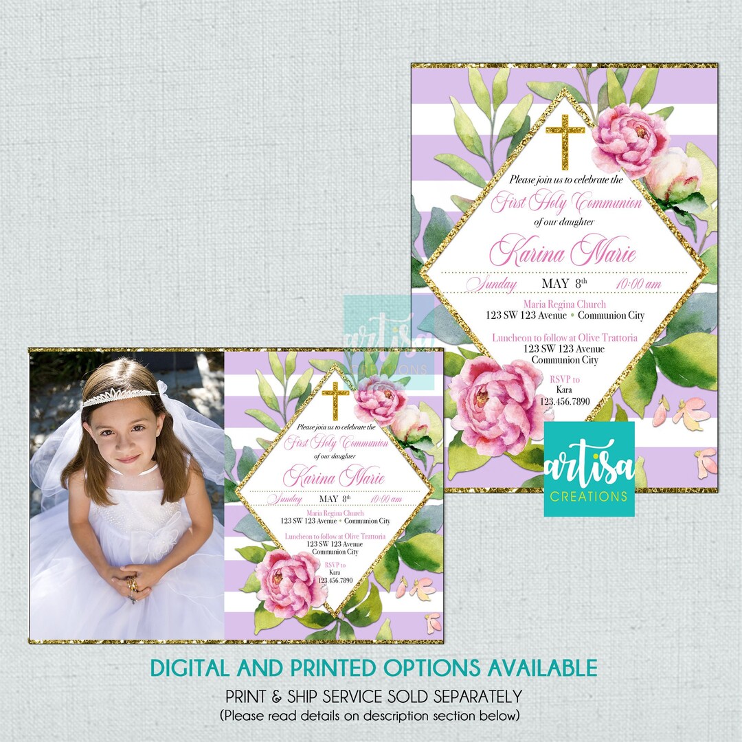Girl First Communion Invitation, Flowers First Communion Invitation ...