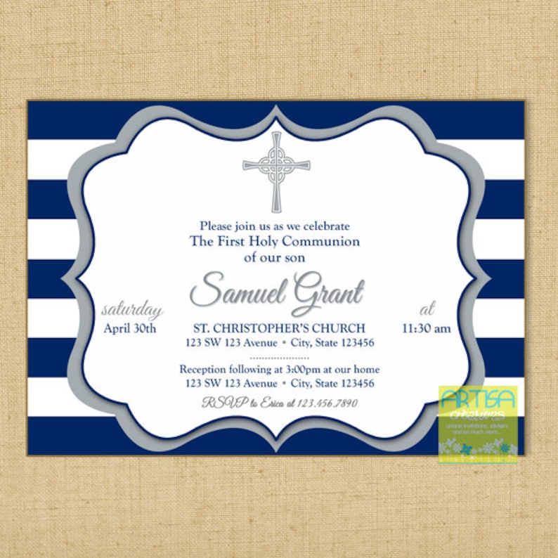 Boy's First Communion Invitations Navy and Grey First | Etsy
