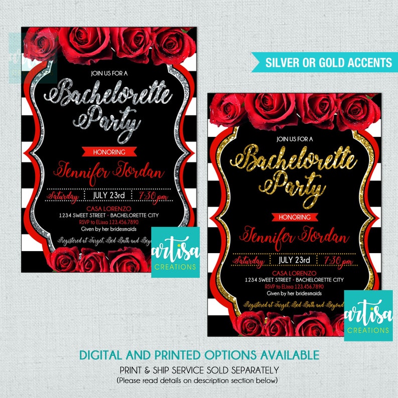 Red Black Silver Bachelorette Invitation Red Roses - Etsy