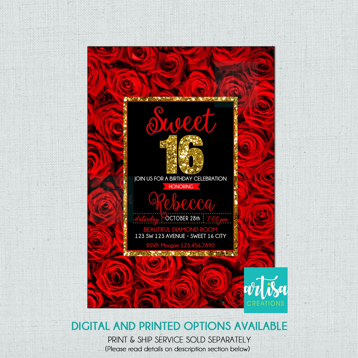 Red Roses Sweet 16 Invitation Red Roses Sweet Sixteen - Etsy