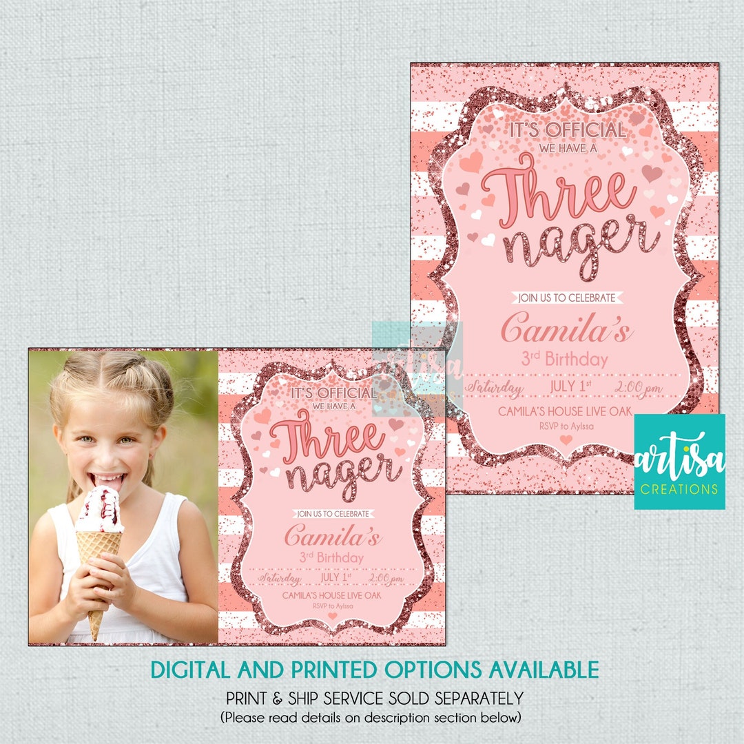 Threenager Invitation, Rose Gold Threenager Birthday Invitation, 3rd ...