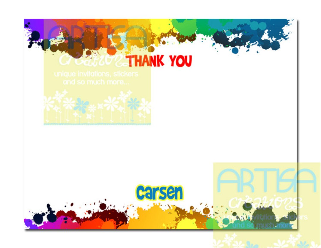 Art Party Thank You Card - Art Painting Coloring Thank You Card - Art ...