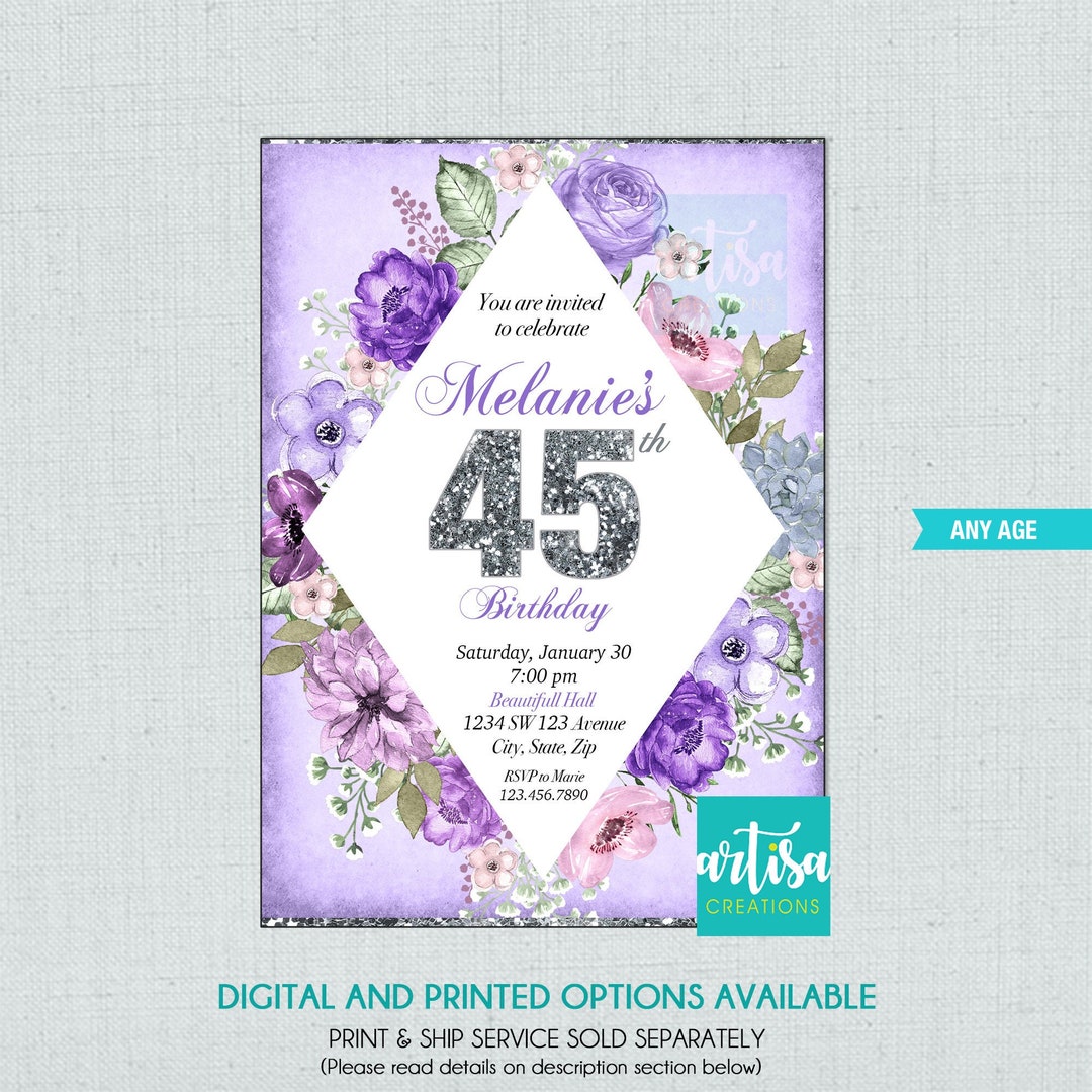 Purple Flowers Birthday Invitation, Lavender Birthday Invitation, Lilac ...