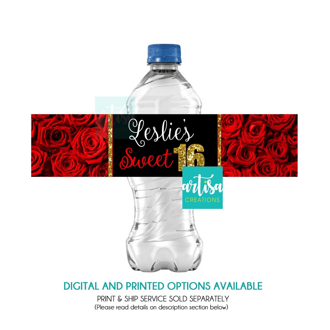 Red Roses Water Bottle Label Digital File, 50 60 70 80 Birthday Red ...