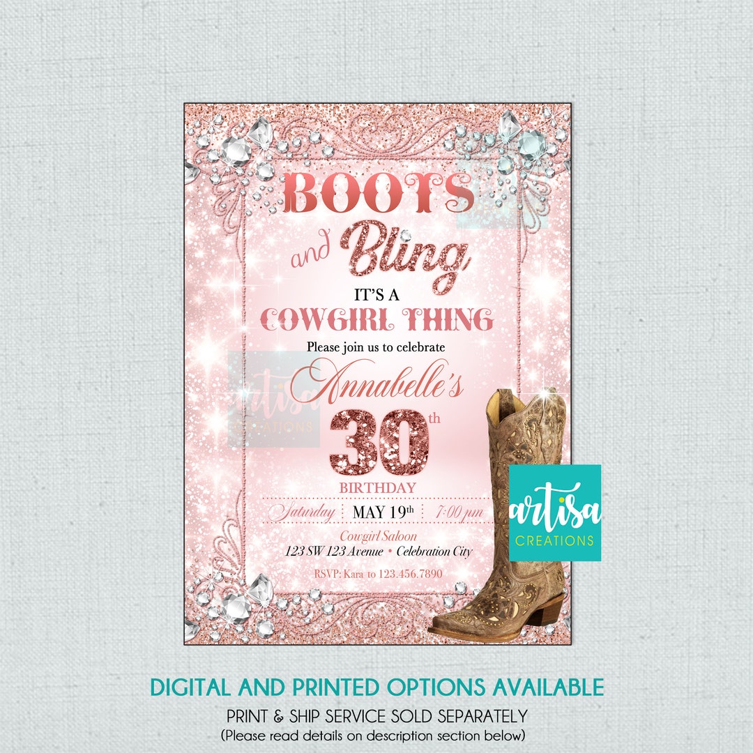 Boots and Bling Invitation, Rose Gold Boots and Bling It's a Cowgirl ...