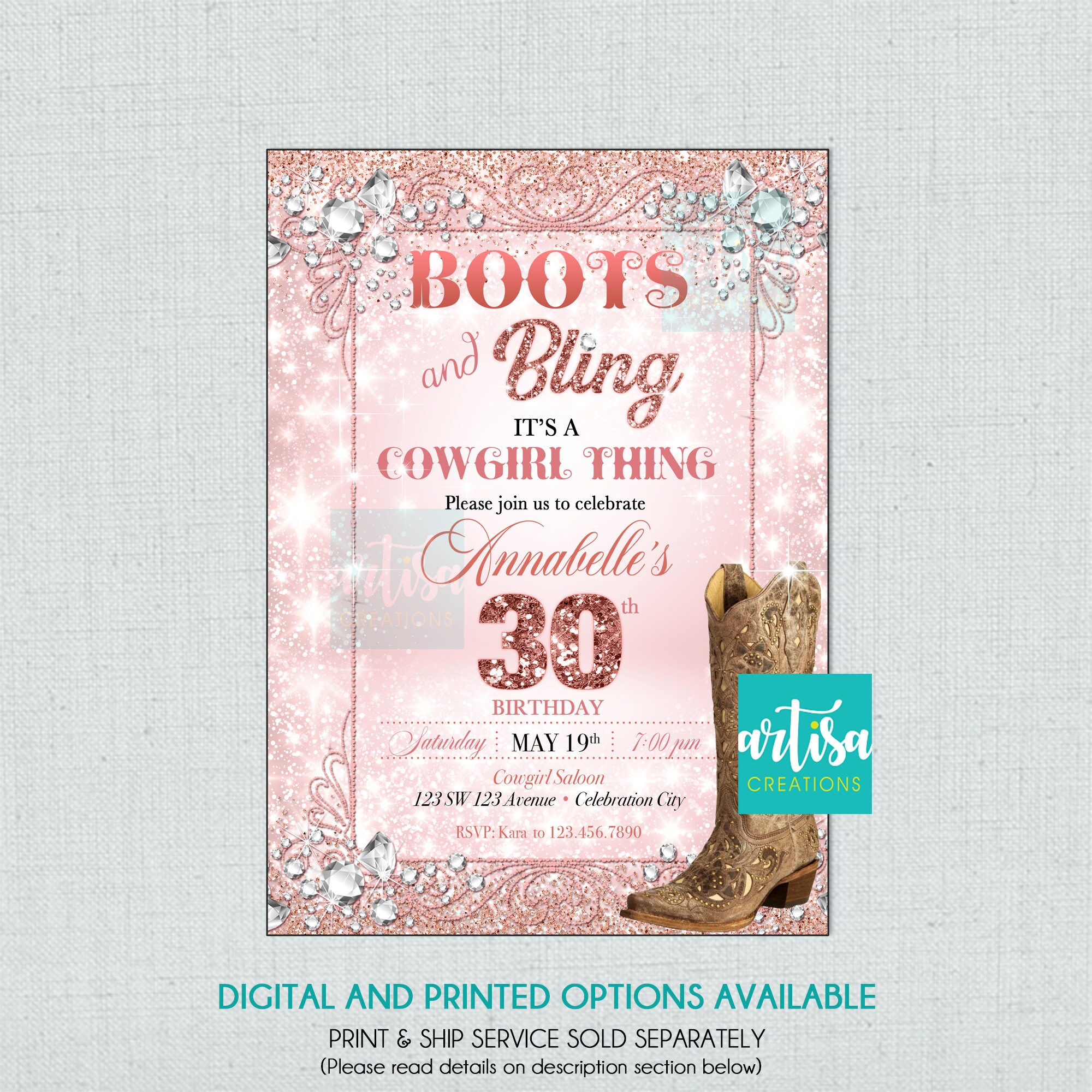 Boots and Bling Invitation, Rose Gold Boots and Bling It's a Cowgirl ...