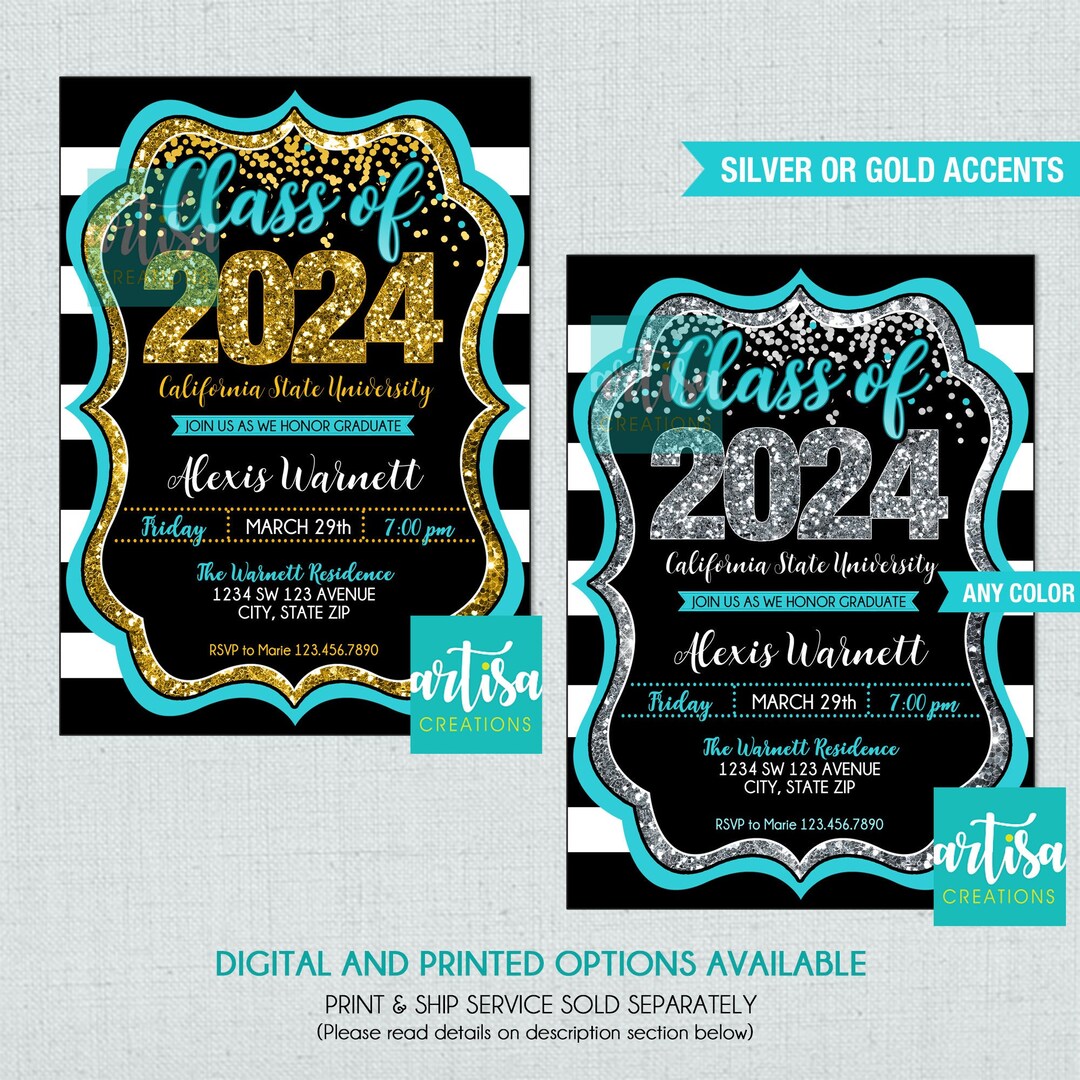 Teal Graduation Invitation, Teal Gold Graduation Invitation, Teal ...