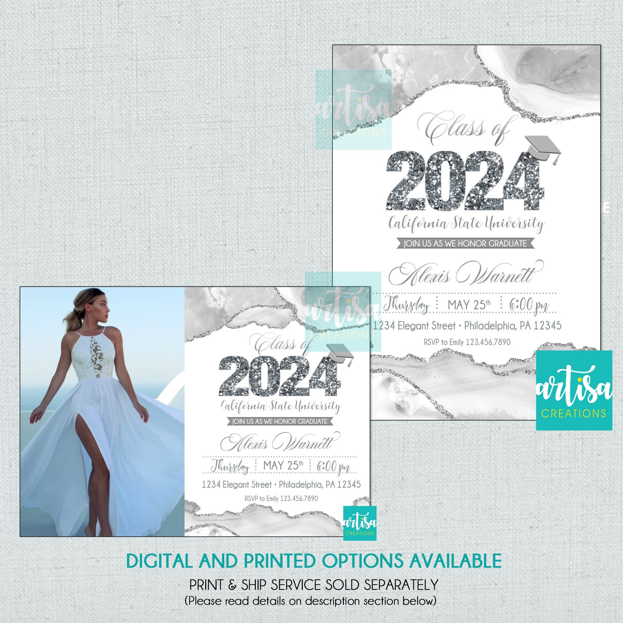 White and Silver Graduation Invitation, All White Graduation Invitation ...