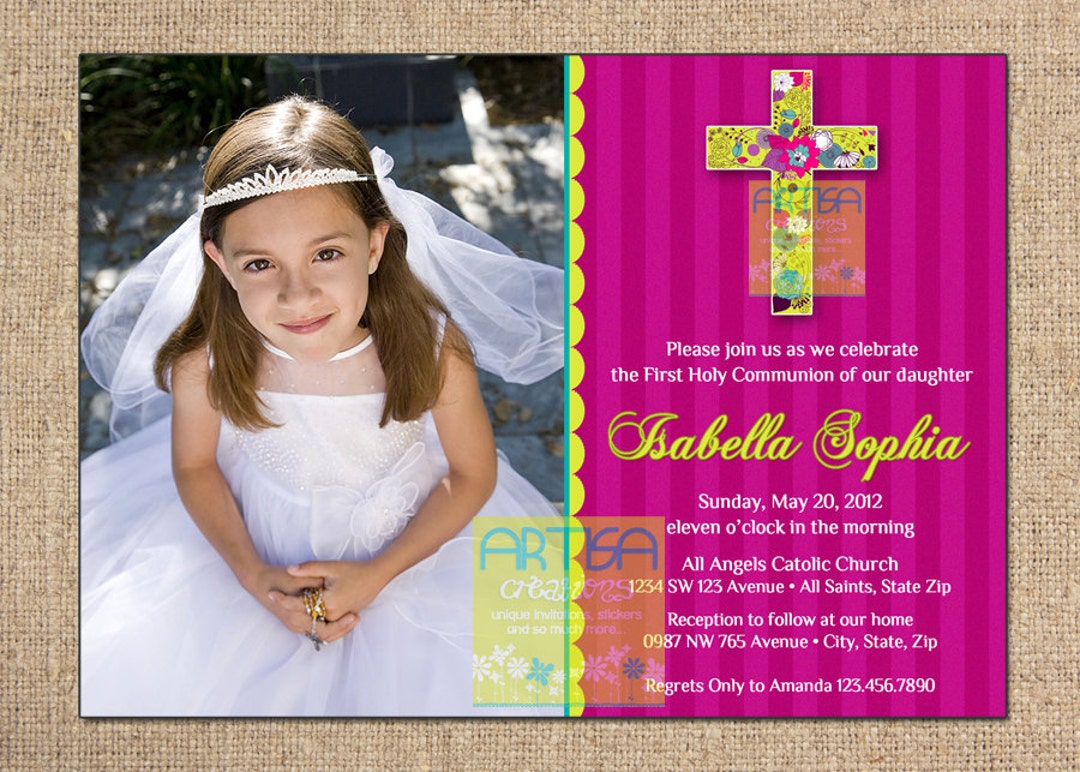 Girl's First Communion Invitations, Hot Pink Teal Lime Green First ...