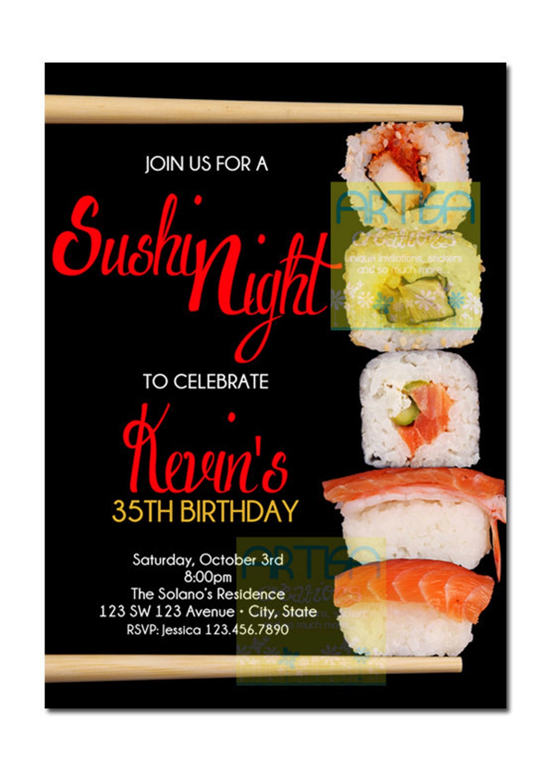 Sushi Invitation Printable File DIY, Sushi Night Birthday Invitation ...