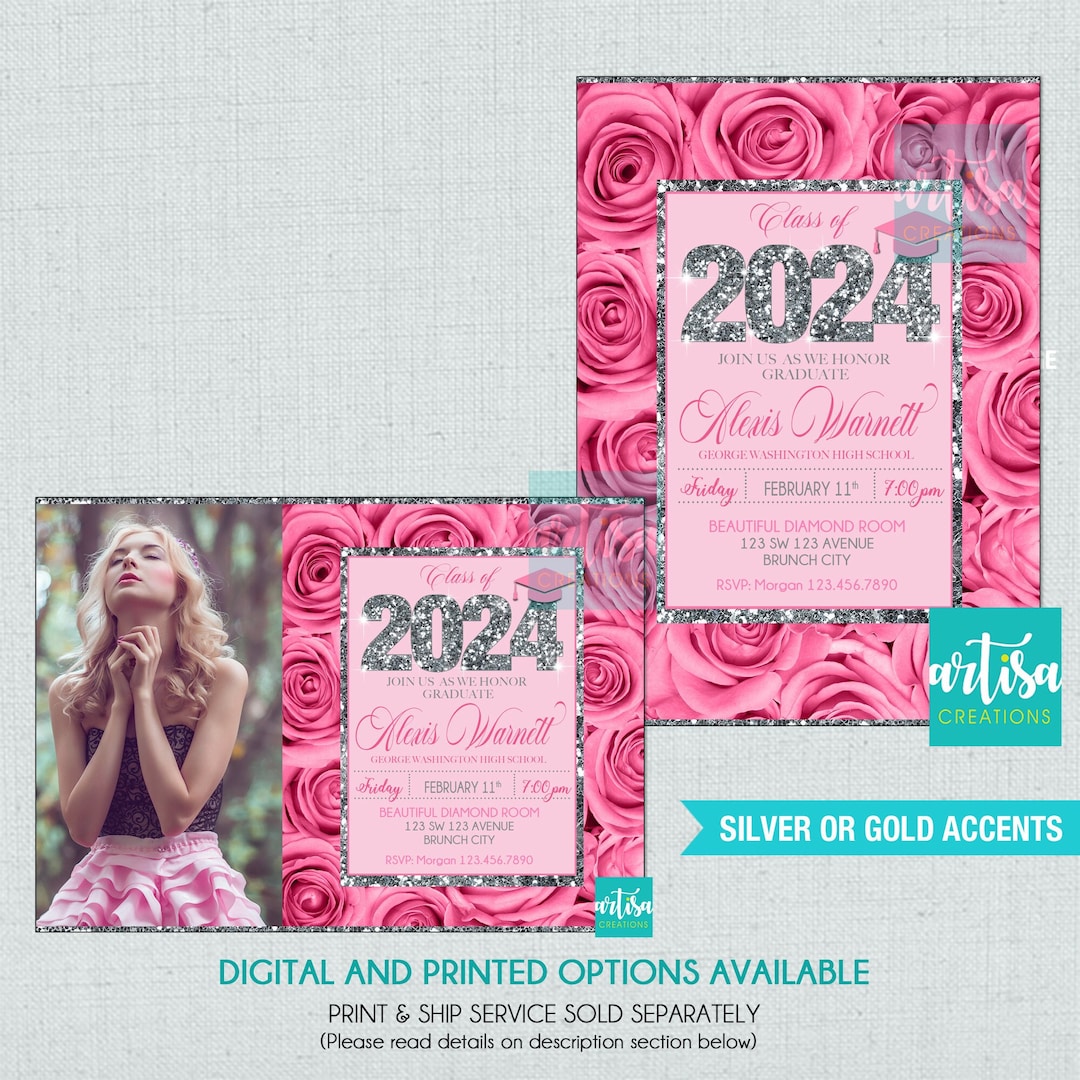 Pink Graduation Invitation, Pink Graduation Invitations, Pink Silver ...