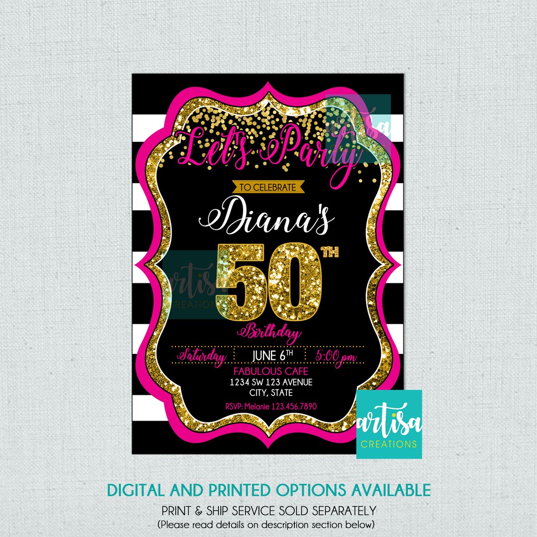 Hot Pink, Black and Gold Invitation, Hot Pink Gold Glitter Milestone ...