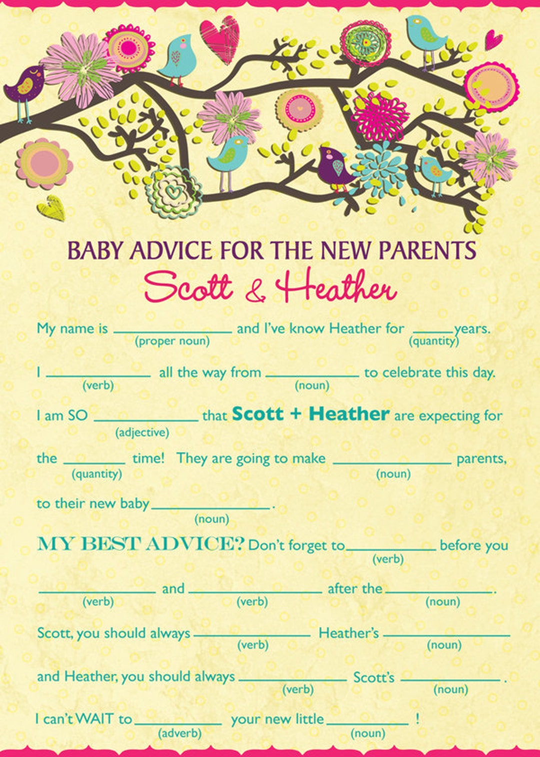Birds Baby Shower Mad Lib - Spring Baby Shower Personalized Mad Lib ...