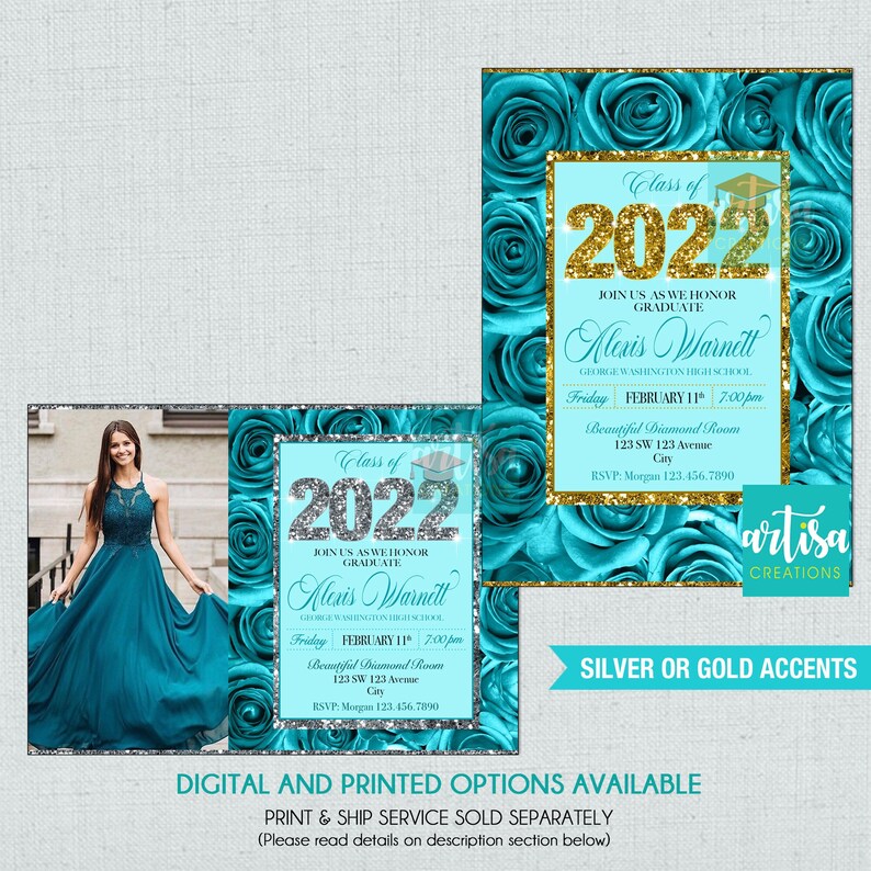 Teal Graduation Invitation Teal Gold Graduation Invitation - Etsy