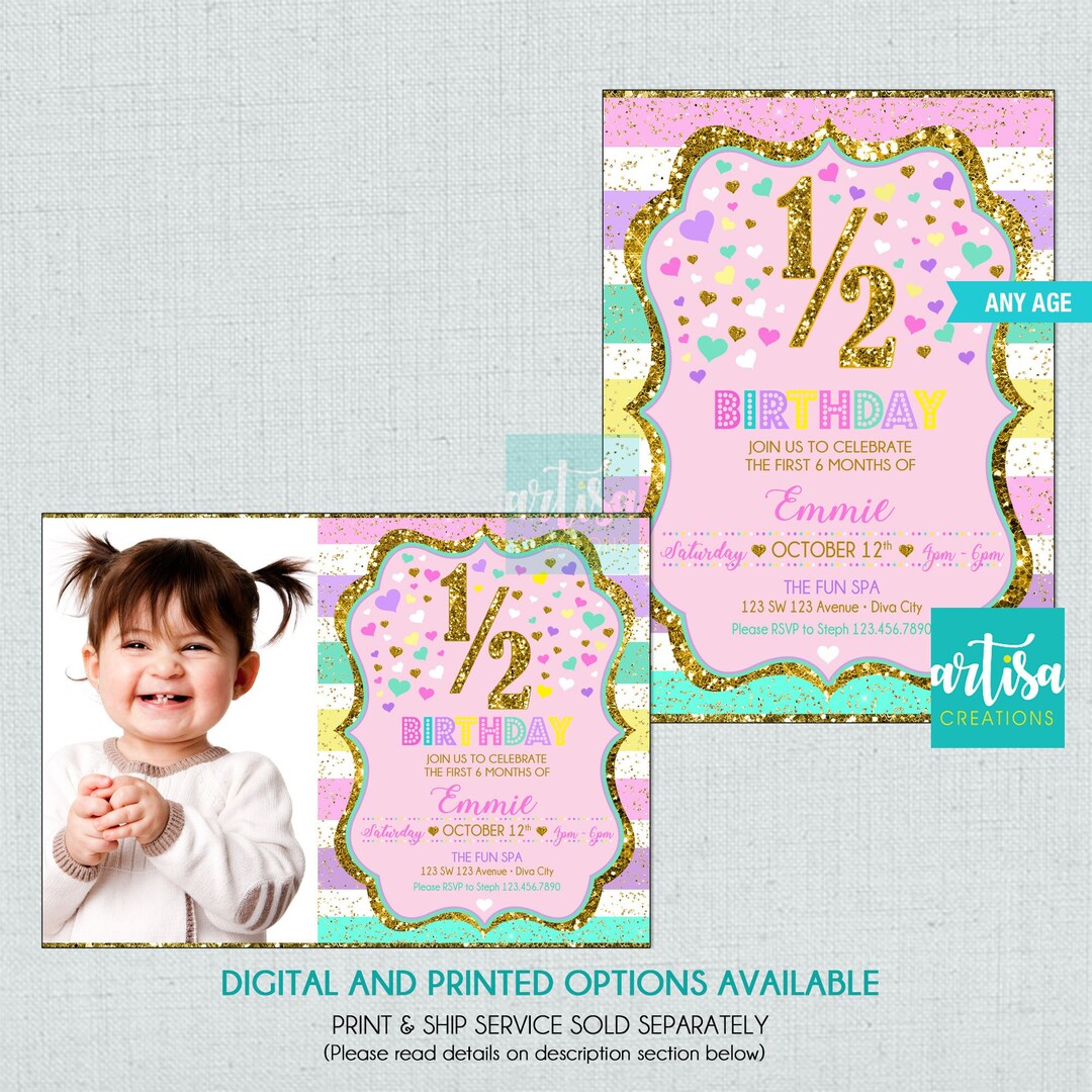 1/2 Birthday Invitation, Half Birthday Invitation, Half Birthday Girl ...