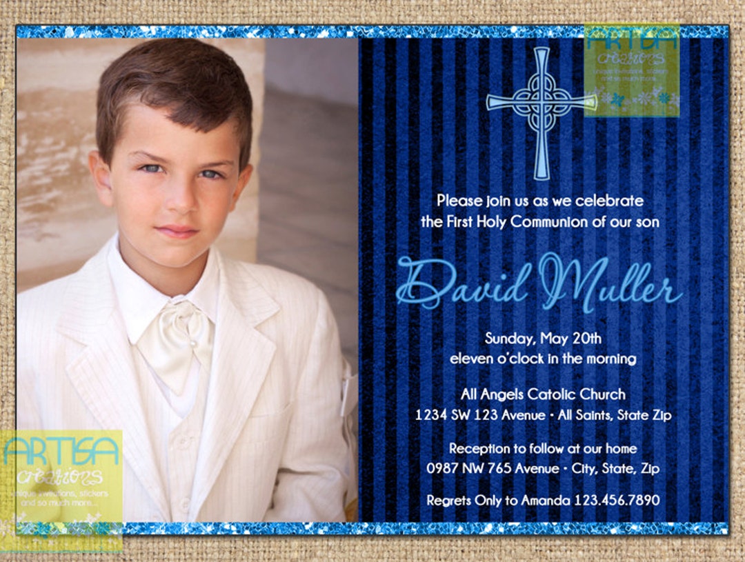 Boy's First Communion Invitation, Dark Blue First Communion Invitation ...