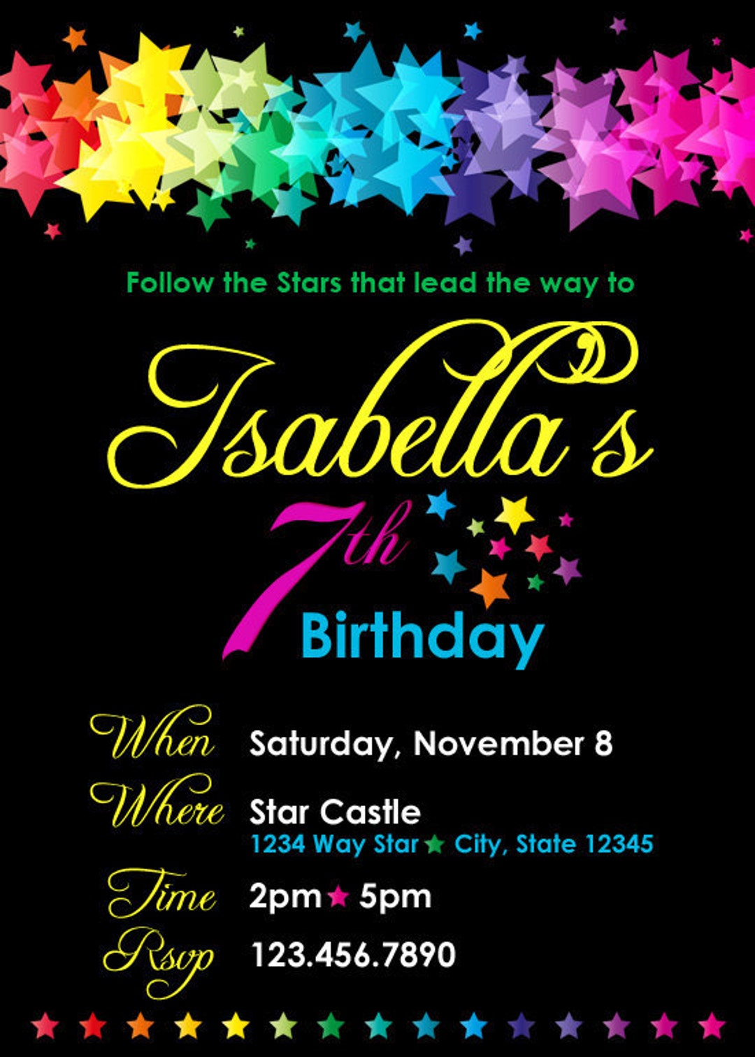 Rainbow Stars Invitation Printable File DIY - 5x7" Stars Birthday ...