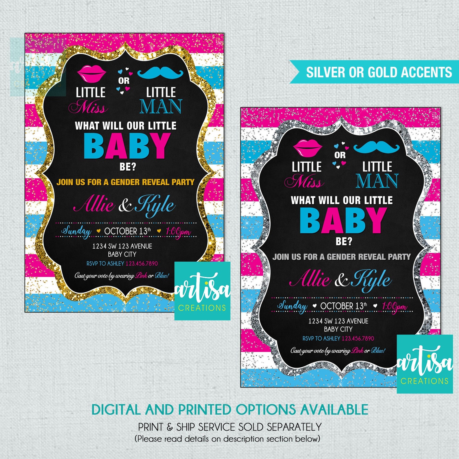 Little Miss and Little Man Gender Reveal Invitation, Little Miss and ...