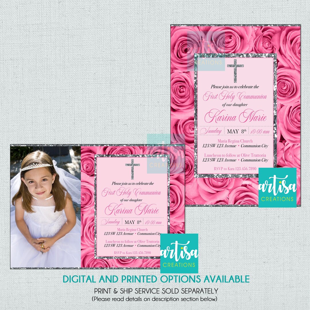 Pink Roses First Communion Invitation, Girl's First Communion ...