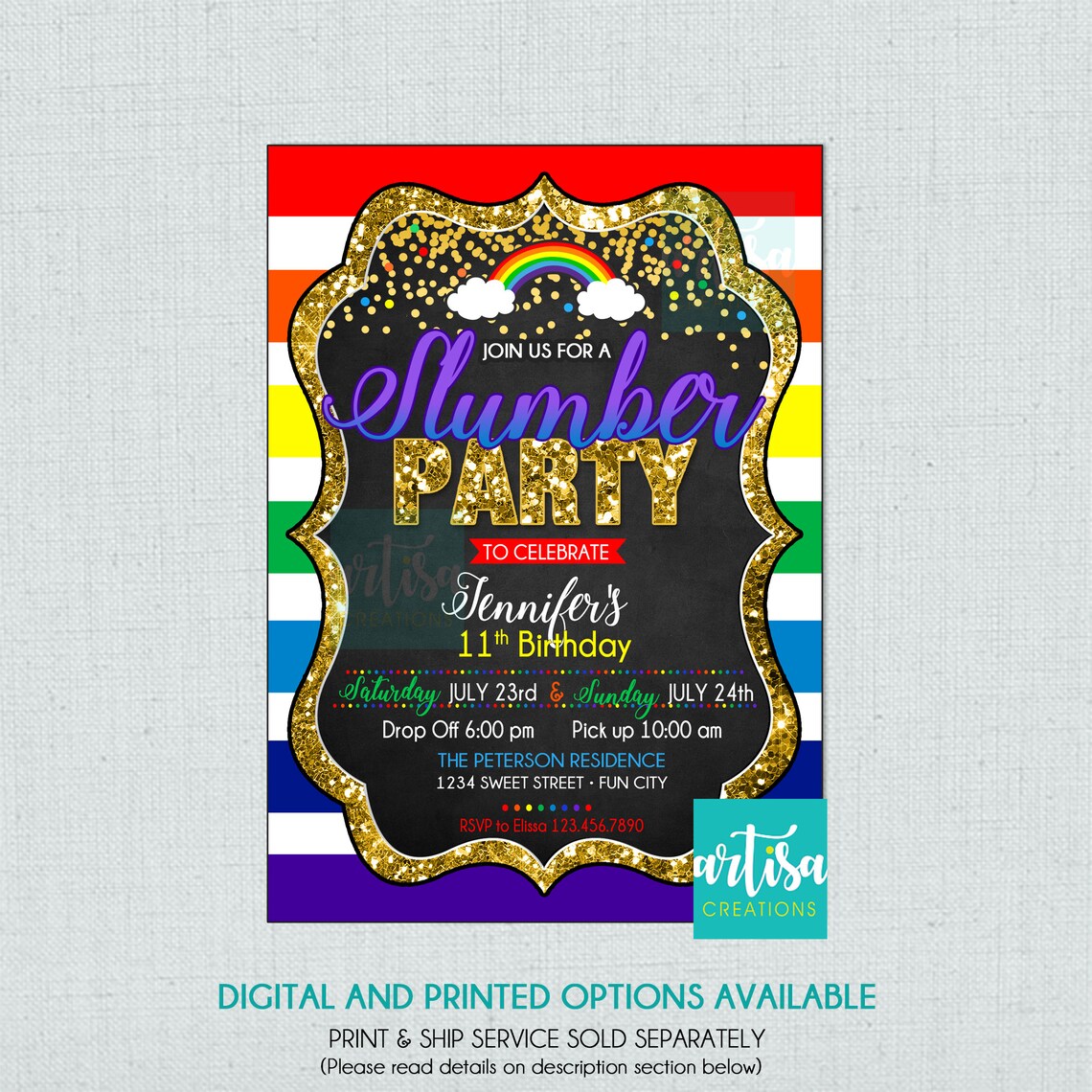 Slumber Party Invitation Rainbow Sleepover Party Invitation | Etsy