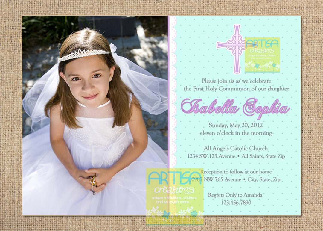 Girl's First Communion Invitations, Teal and Lilac Communion ...