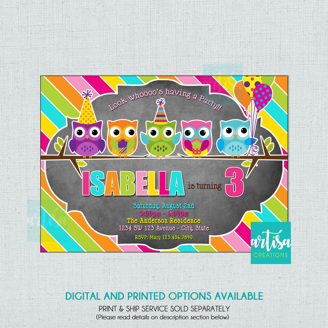 Owl Birthday Invitation, Colorful Owl Birthday Invitation DIY, Birthday ...