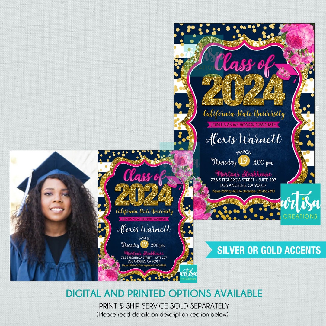 Blue and Pink Graduation Invitation, Navy and Pink Gold Graduation ...