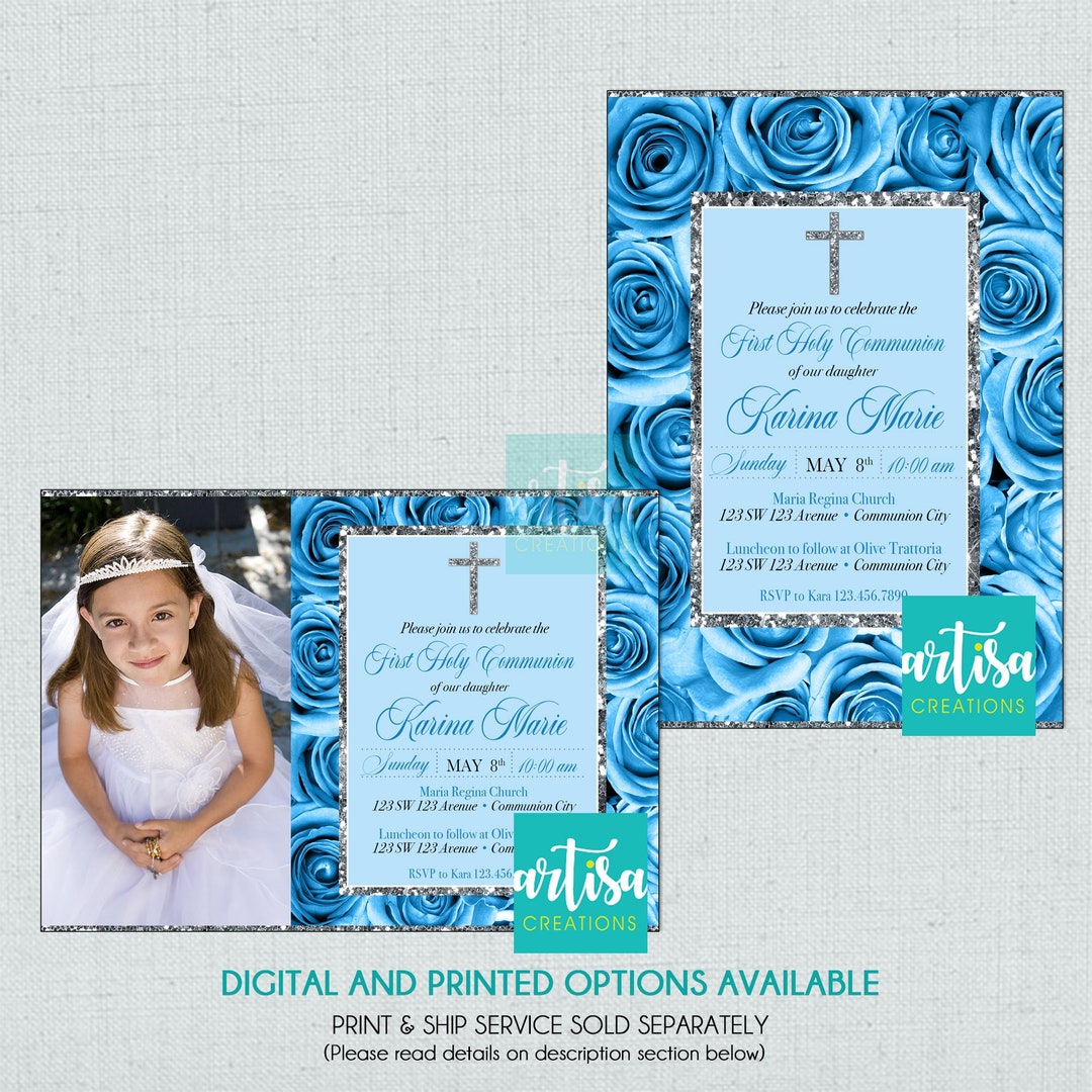 Blue Roses First Communion Invitation, Blue Girl's First Communion ...