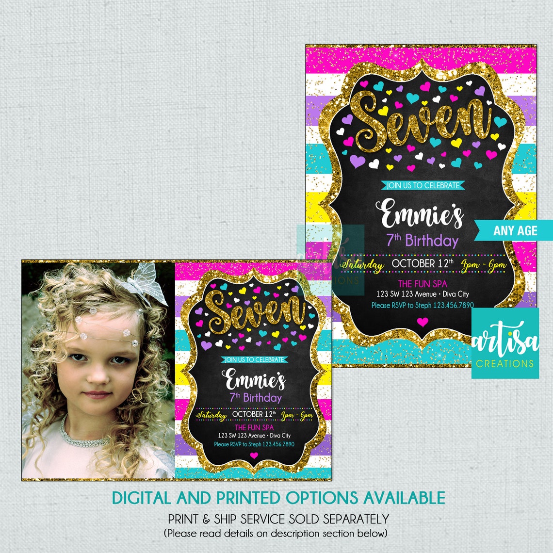 7th Birthday Invitation Colorful 7th Birthday Invitation for - Etsy