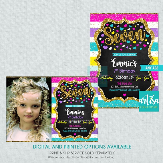 7th Birthday Invitation Colorful 7th Birthday Invitation for | Etsy