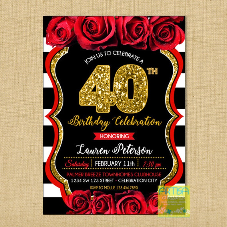 40th Birthday Invitation Red Roses 40th Birthday Invitation - Etsy