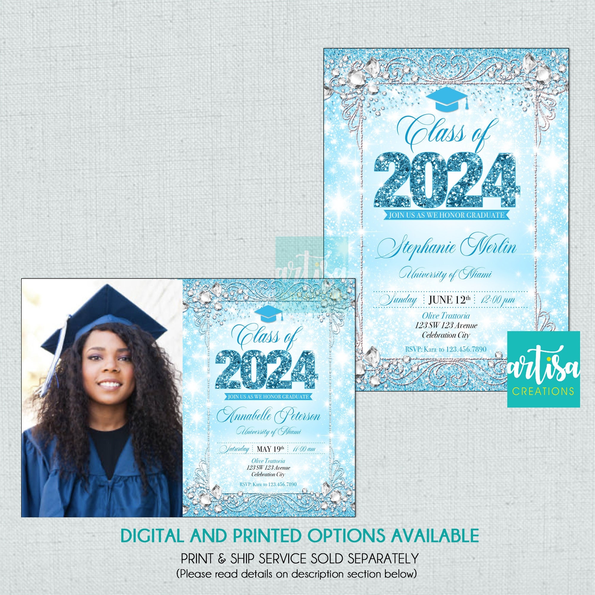 Blue Graduation Invitation, Ice Blue Class 2024 Invitation, Light Blue ...