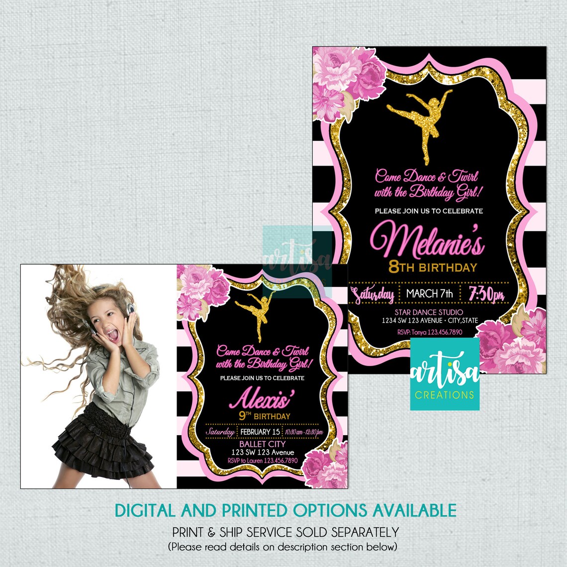 Ballet Birthday Invitation Printable File DIY, Black Pink Gold Ballet ...
