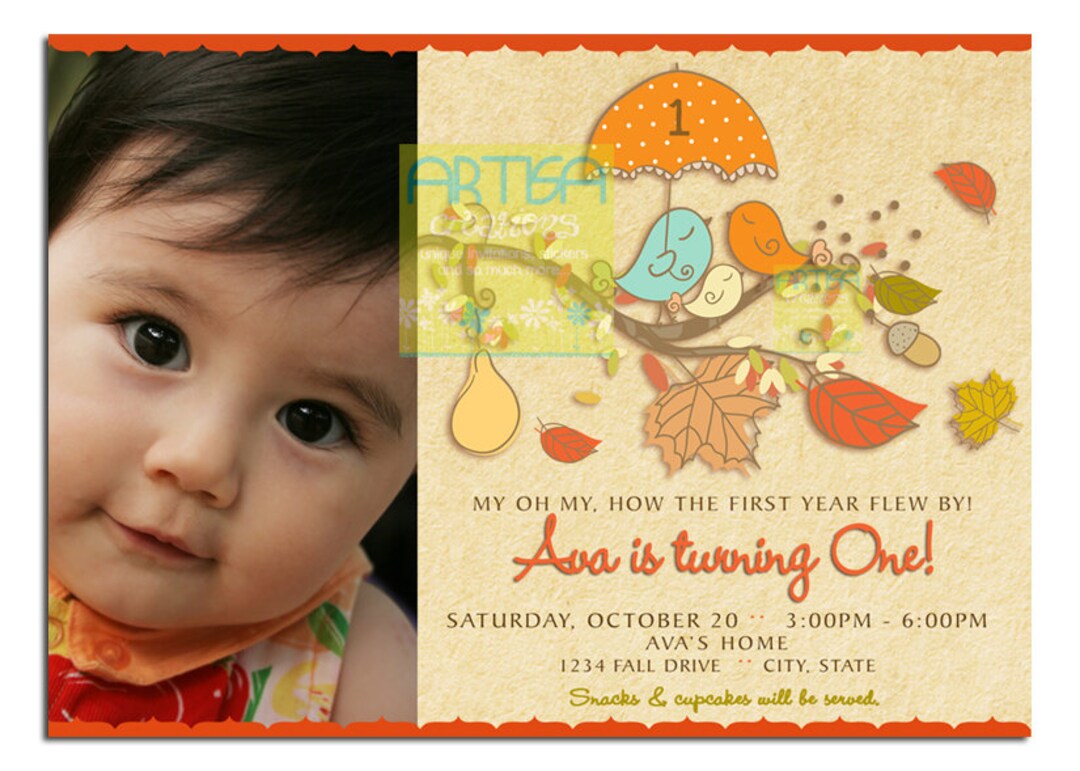 Fall First Birthday Invitation Printable File DIY, Fall Birds Birthday ...