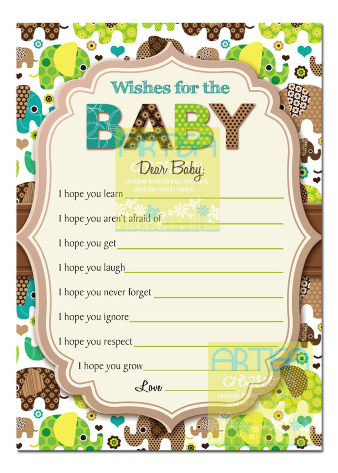 Teal, Lime Green and Brown Elephant Wishes for Baby - Elephant Boy ...