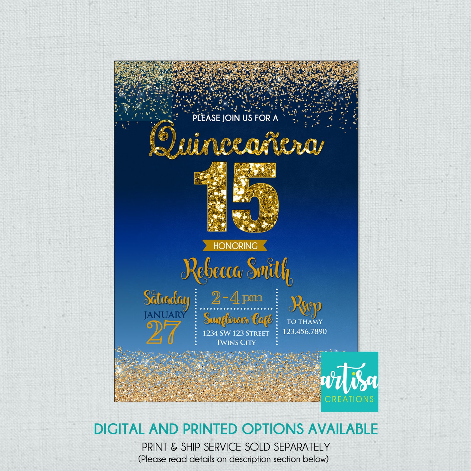 Blue Quinceanera Invitation, Blue Ombre Quinceanera Invitation, Blue ...