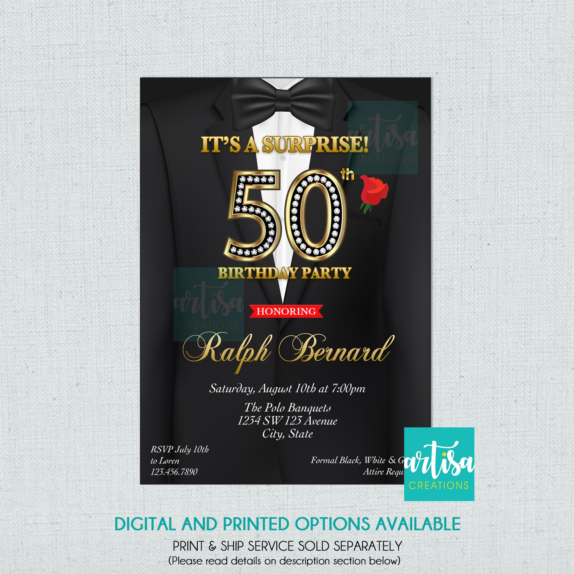 Tuxedo Invitation, Black Tie Men Birthday Invitation, Tuxedo Invite ANY ...