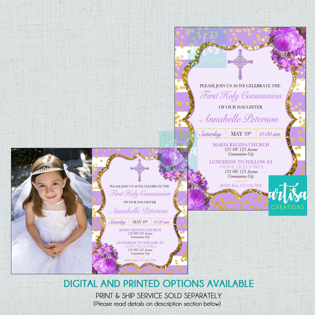 Girl First Communion Invitation, Lavender Communion Invitations, Lilac ...