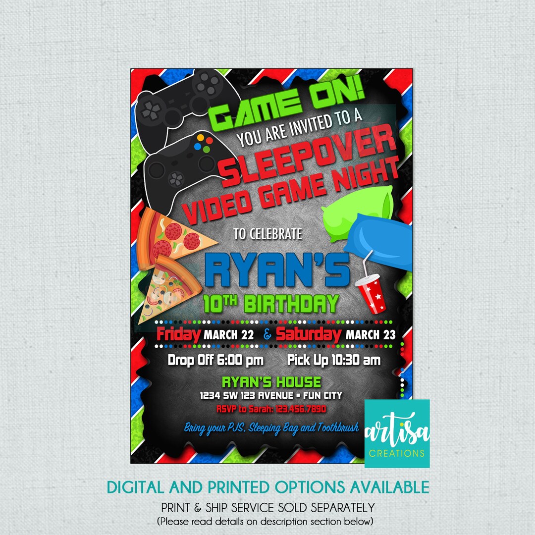 Boys Sleepover Party Invitation, Boys Sleepover Video Games Party ...